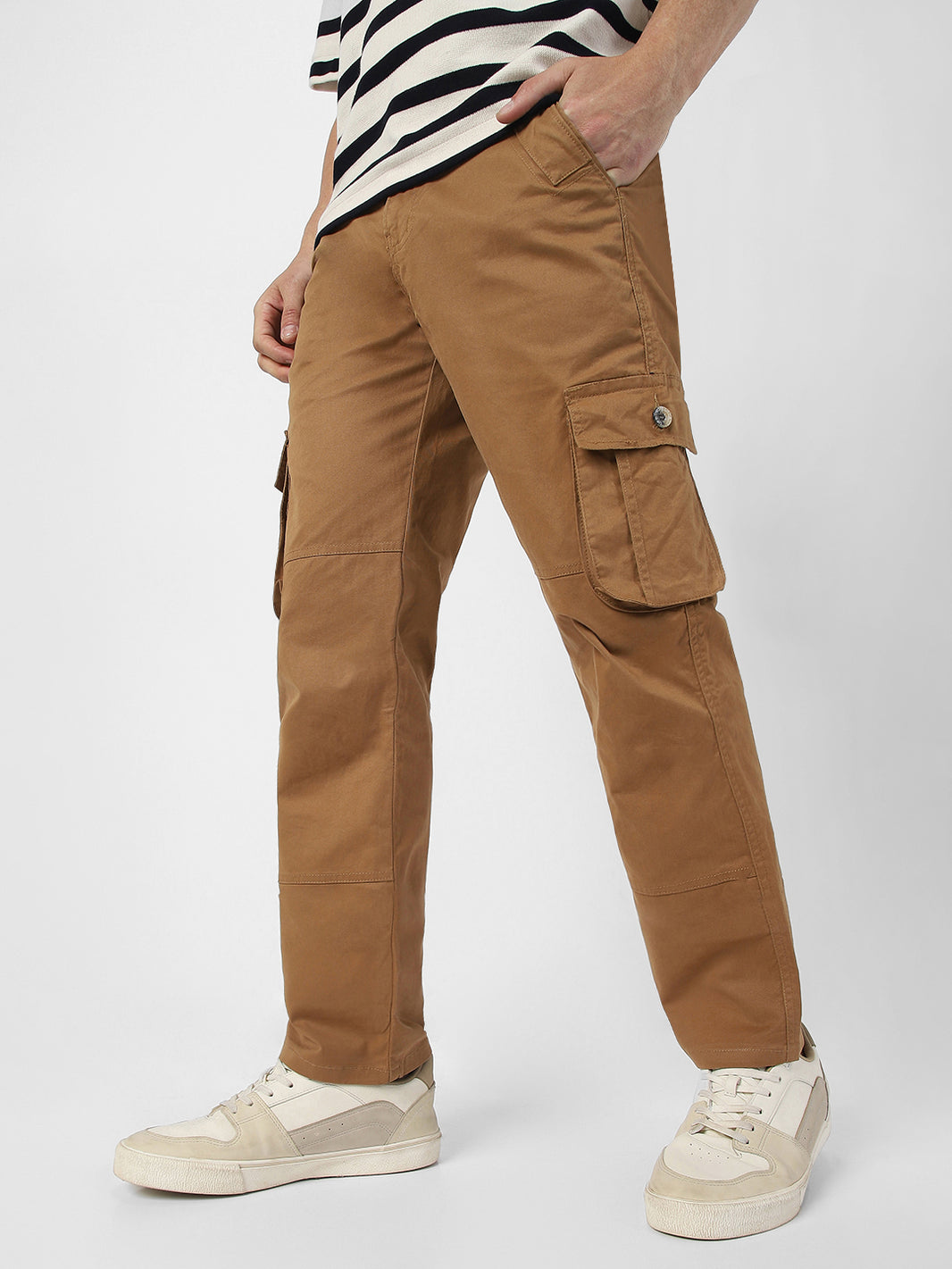 Men's Dark Khaki Regular Fit Solid Cargo Chino Pant with 6 Pockets ...