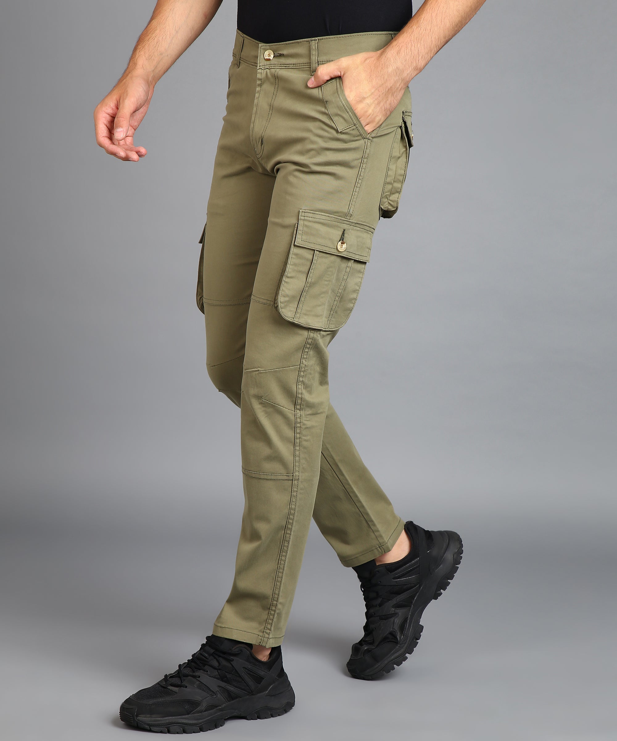 Men's Olive Green Regular Fit Solid Cargo Chino Pant with 6 Pockets – Urbano Fashion