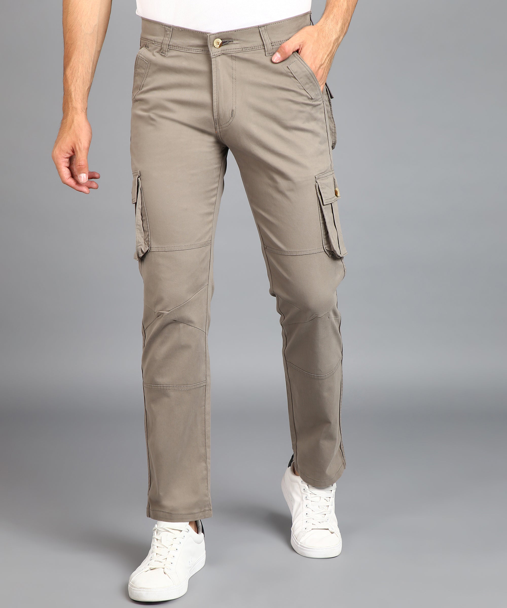 Men's Grey Regular Fit Solid Cargo Chino Pant with 6 Pockets – Urbano ...