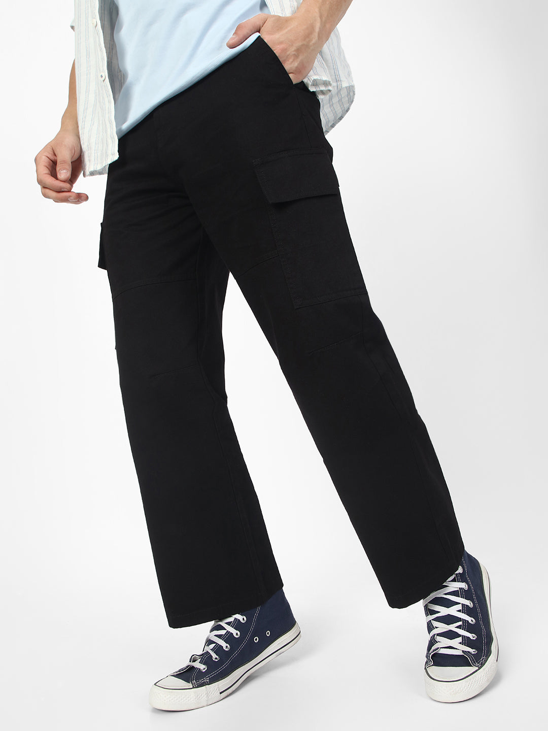 Men's Black Loose Baggy Fit Solid Cargo Chino Pant with 6 Pockets Non ...