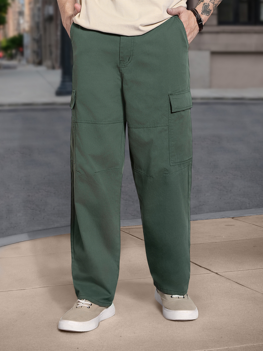 Men's Light Grey Loose Baggy Fit Solid Cargo Chino Pant with 6 Pockets ...