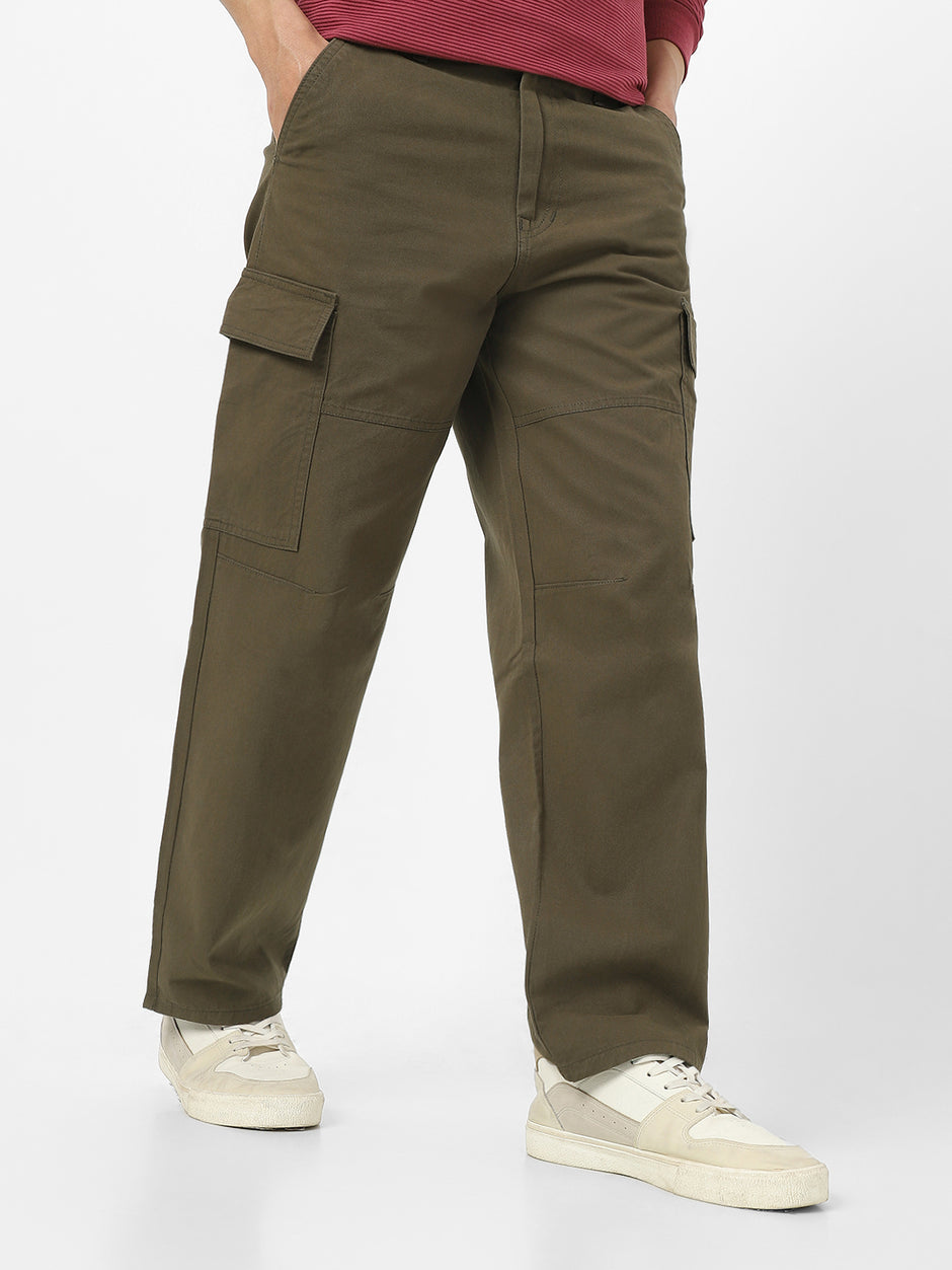 Men's Olive Loose Baggy Fit Solid Cargo Chino Pant with 6 Pockets Non ...