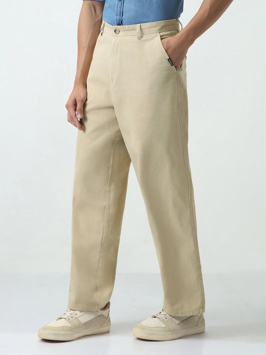 Men's Beige Loose Baggy Fit Solid Chino Trousers Non-Stretchable ...