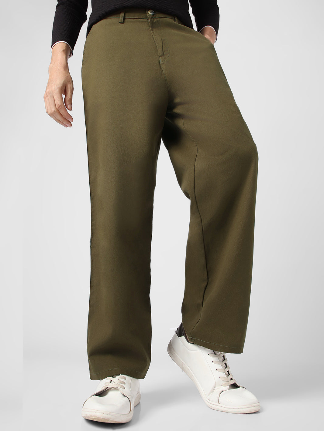 Men's Dark Olive Loose Baggy Fit Solid Chino Trousers Non-Stretchable ...