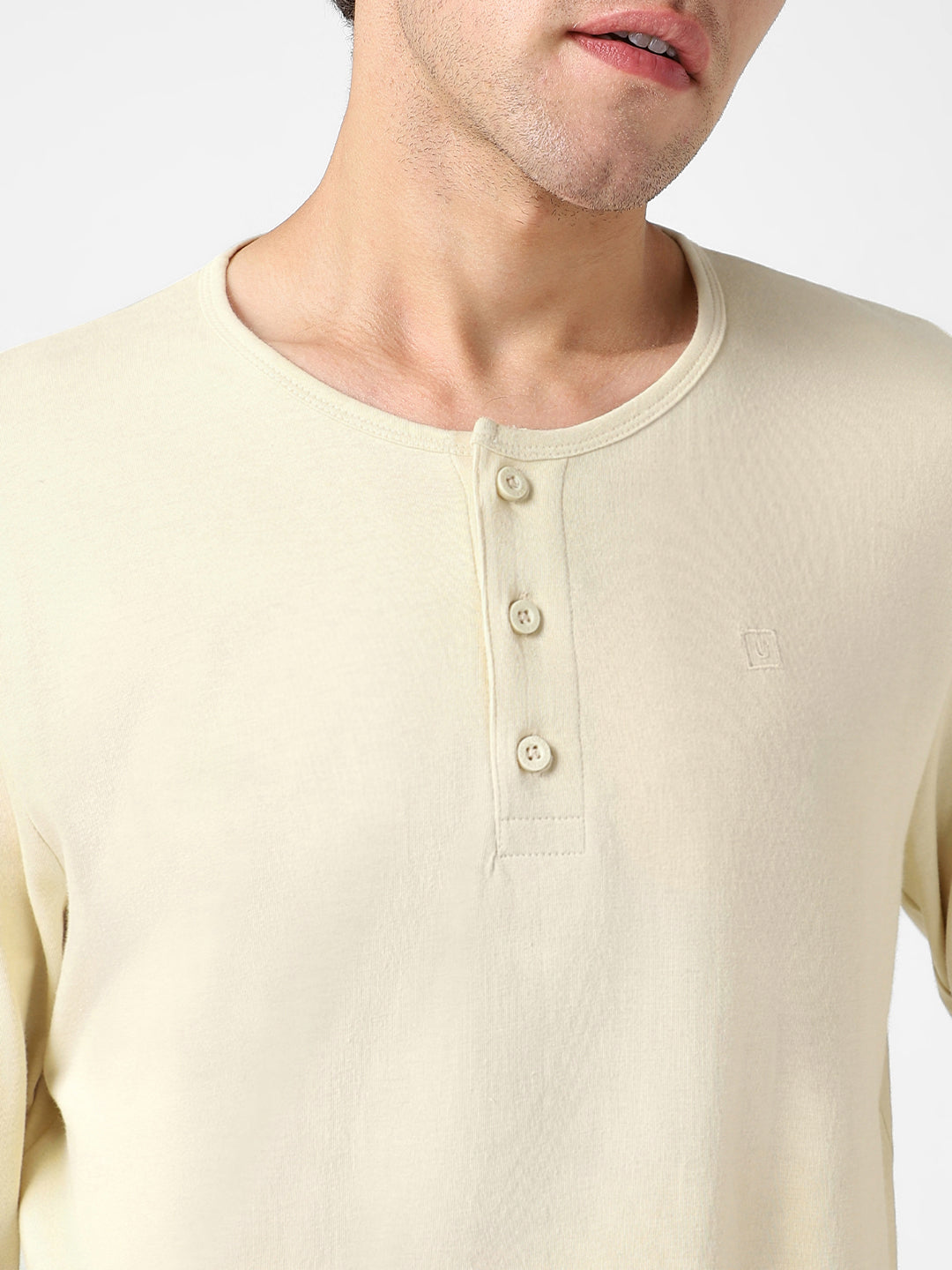 Men's Cloud Cream Solid Henley Neck Slim Fit Full Sleeve Cotton T-Shir – Urbano Fashion
