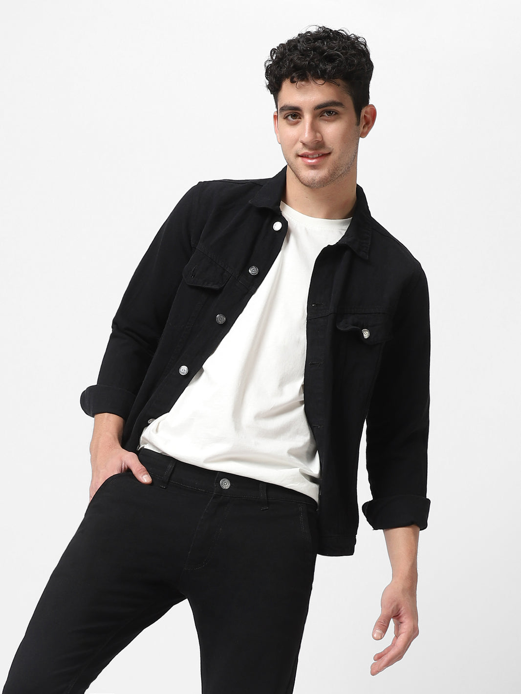 Men's Black Solid Regular Fit Washed Full Sleeve Denim Jacket – Urbano ...