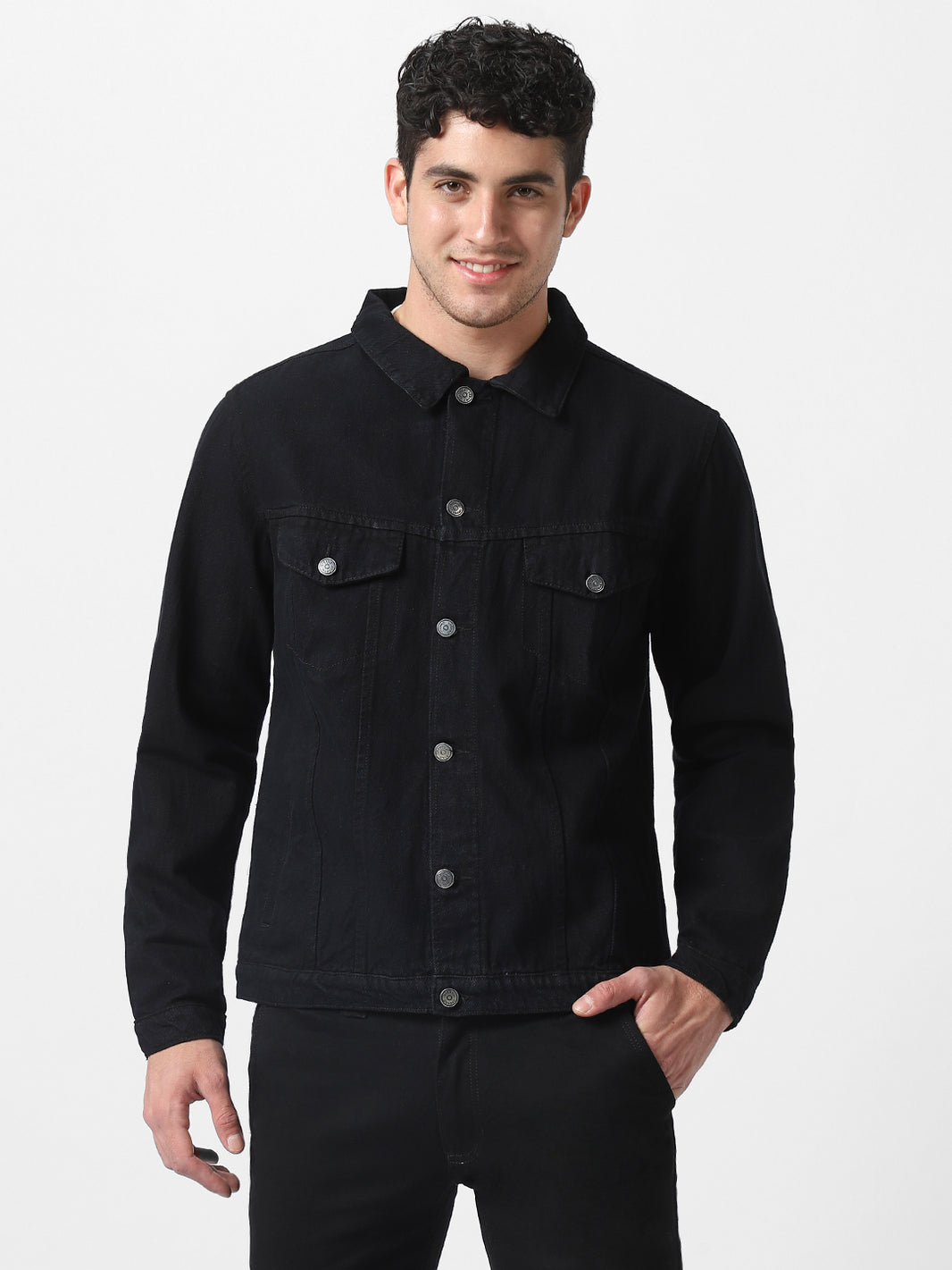 Men's Black Solid Regular Fit Washed Full Sleeve Denim Jacket – Urbano ...