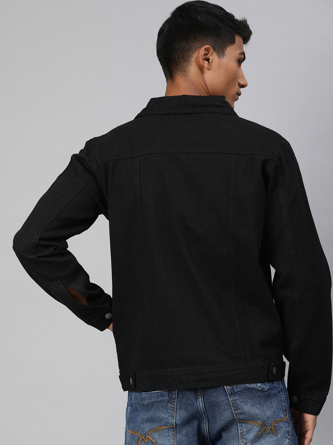 Men's Black Solid Regular Fit Washed Full Sleeve Denim Jacket – Urbano ...