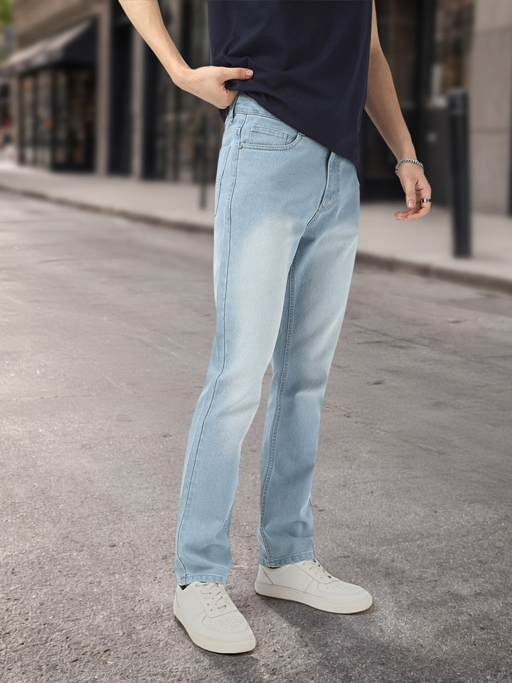 Men's Ice Blue Straight Fit Washed Jeans Stretchable – Urbano Fashion