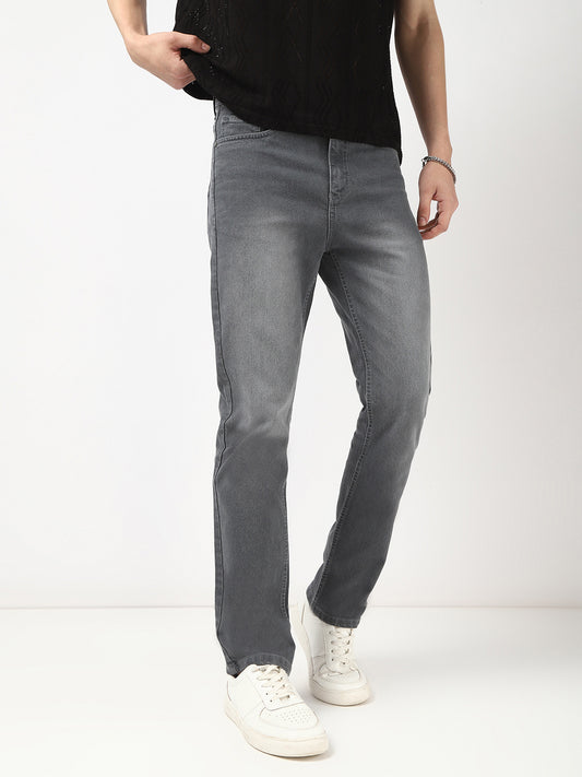 Men's Grey Straight Fit Washed Jeans Stretchable – Urbano Fashion