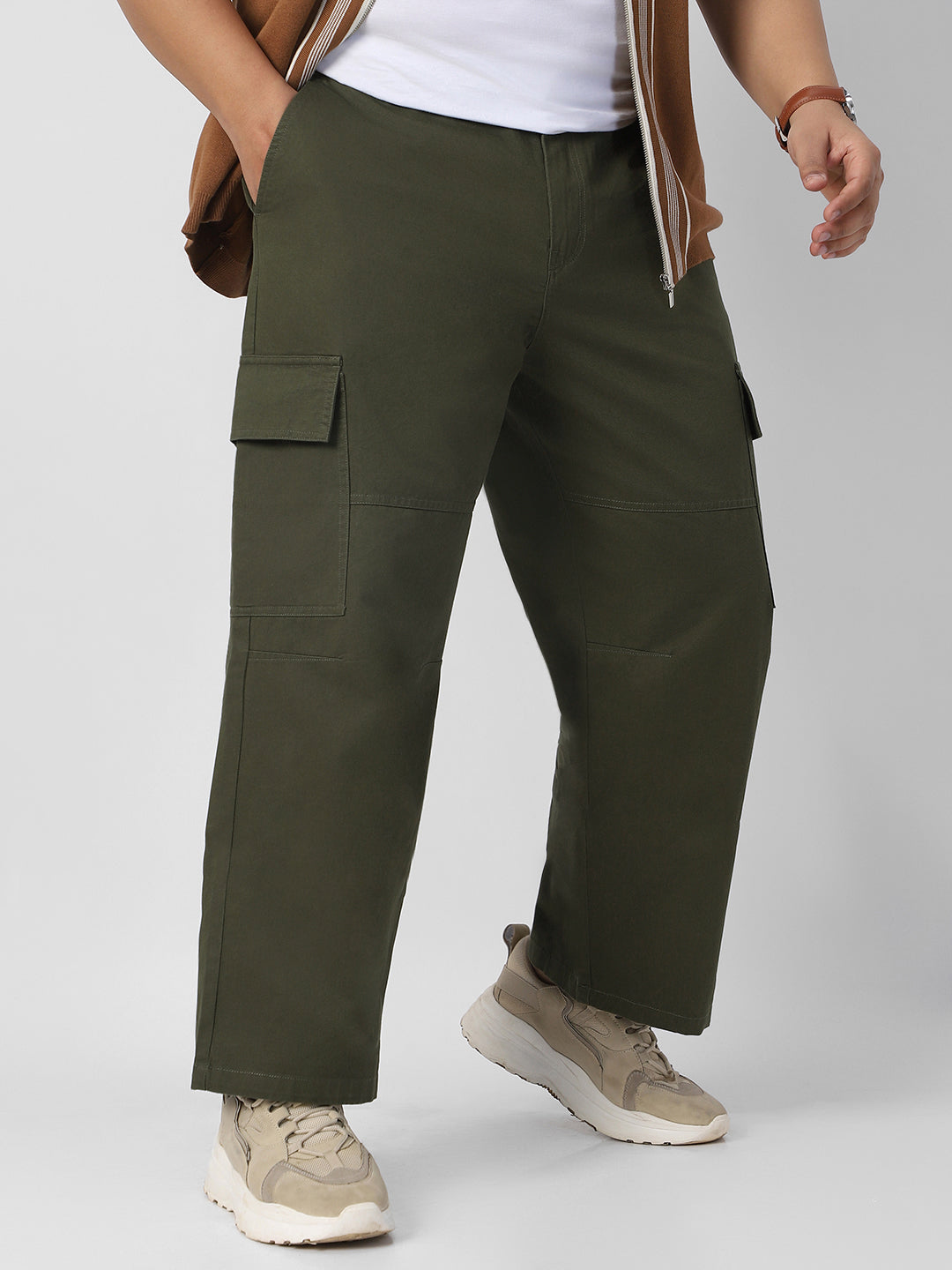 Plus Men's Olive Loose Baggy Fit Solid Cargo Chino Pant with 6 Pockets ...