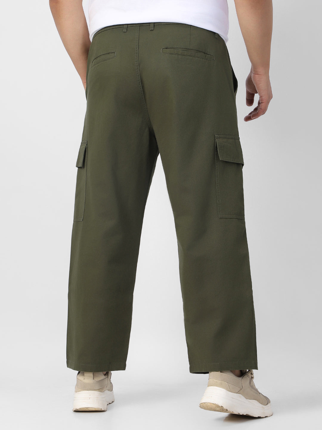 Plus Men's Olive Loose Baggy Fit Solid Cargo Chino Pant with 6 Pockets ...