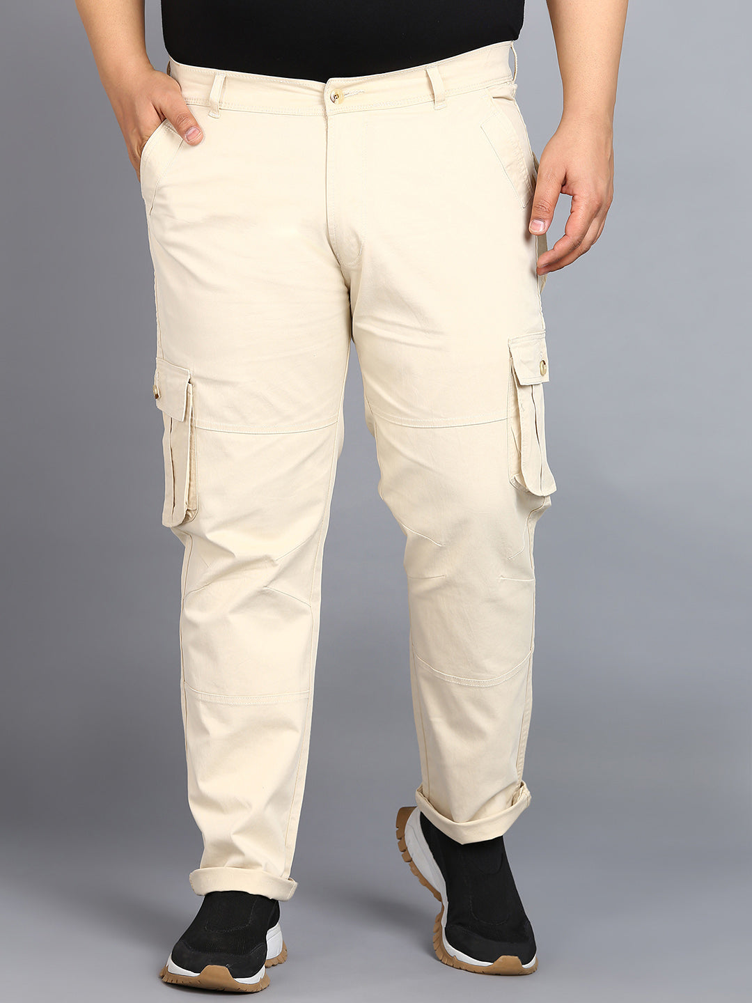 Plus Men's Cream Regular Fit Solid Cargo Chino Pant with 6 Pockets ...