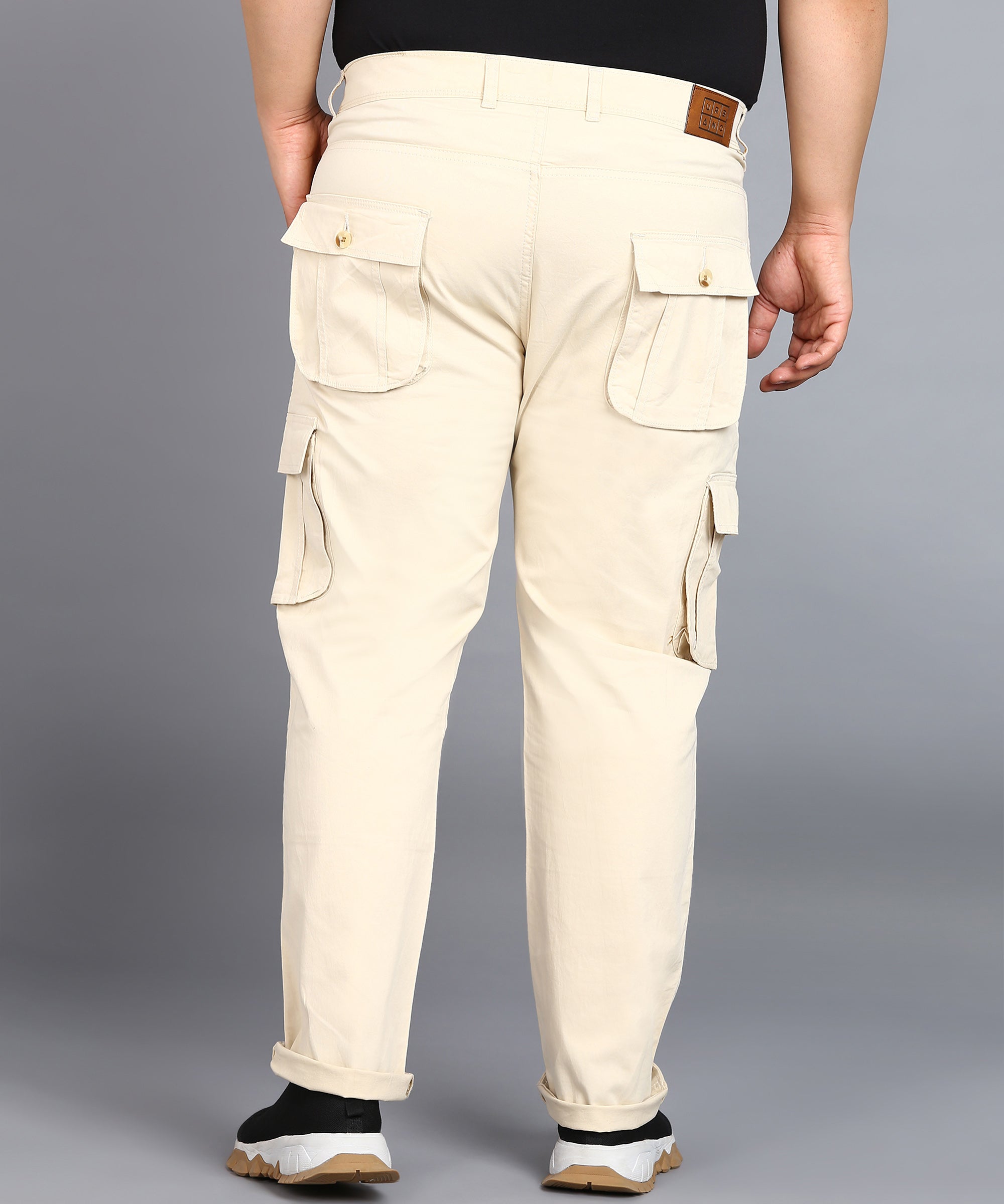 Plus Men's Cream Regular Fit Solid Cargo Chino Pant with 6 Pockets ...