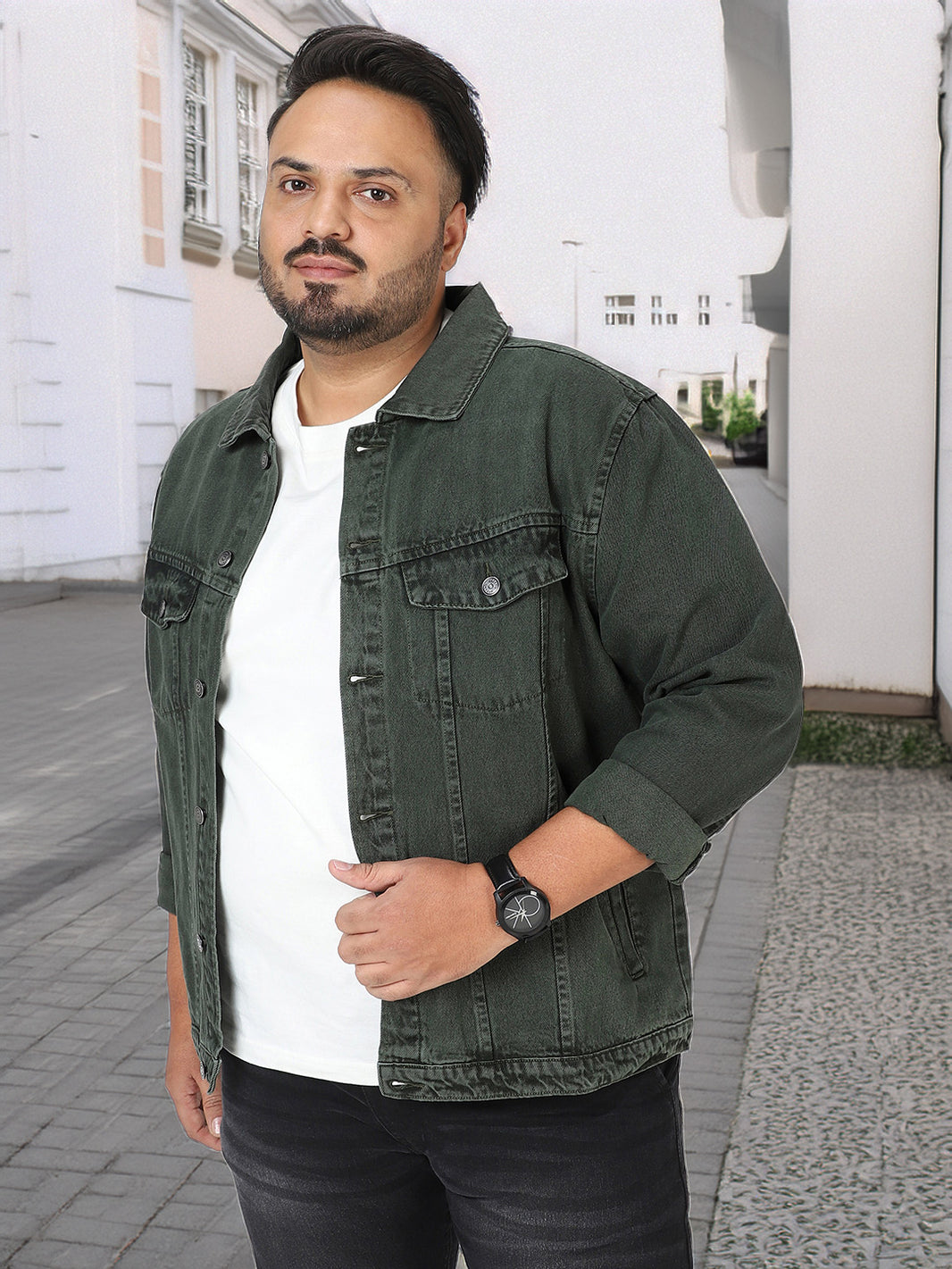 Plus Men's Olive Green Regular Fit Washed Full Sleeve Denim Jacket ...