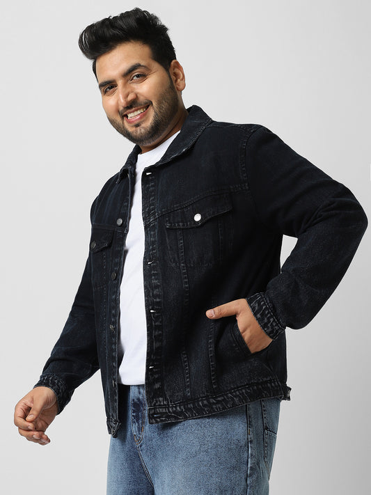 Plus Men's Black Regular Fit Washed Full Sleeve Denim Jacket – Urbano ...